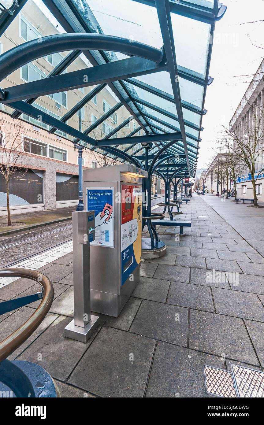 Fare ticket vending machine in waiting area for light rail on SW ...