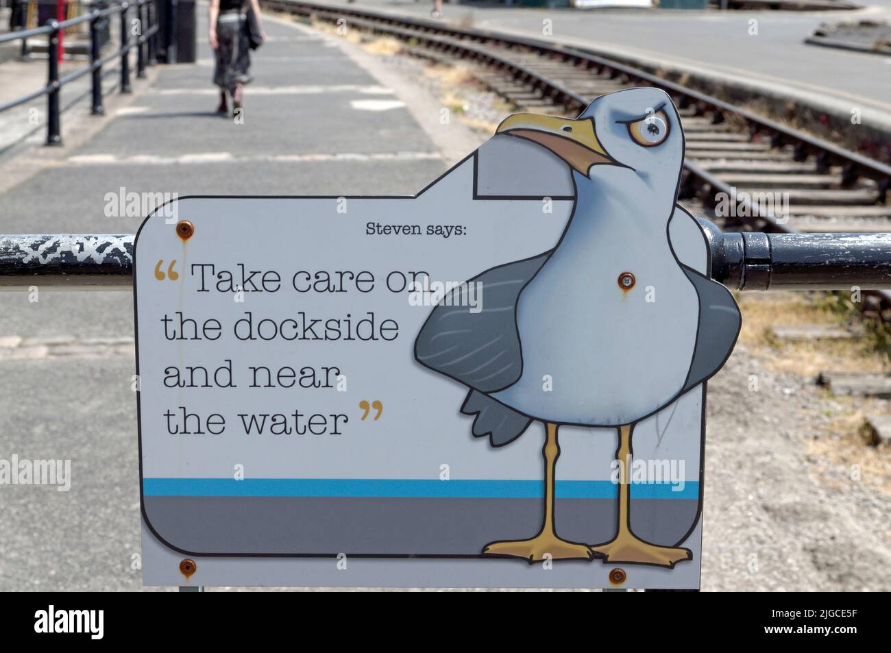 Amusing safety sign, Bristol docks. Funny seagull. Take care on the ...