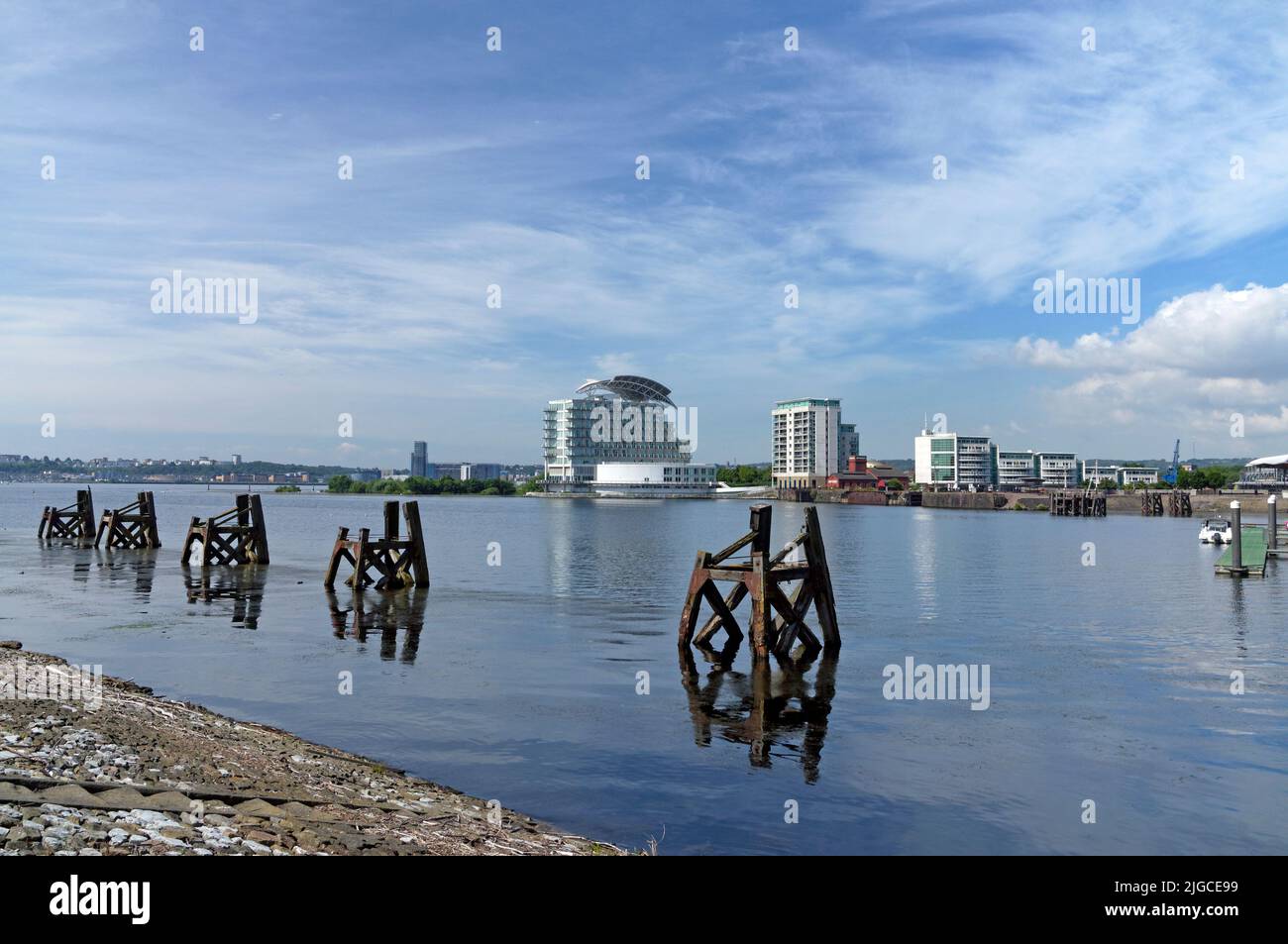 Cardiff Bay views. St David's Hotel (Voco) across Cardiff Bay with calm ...