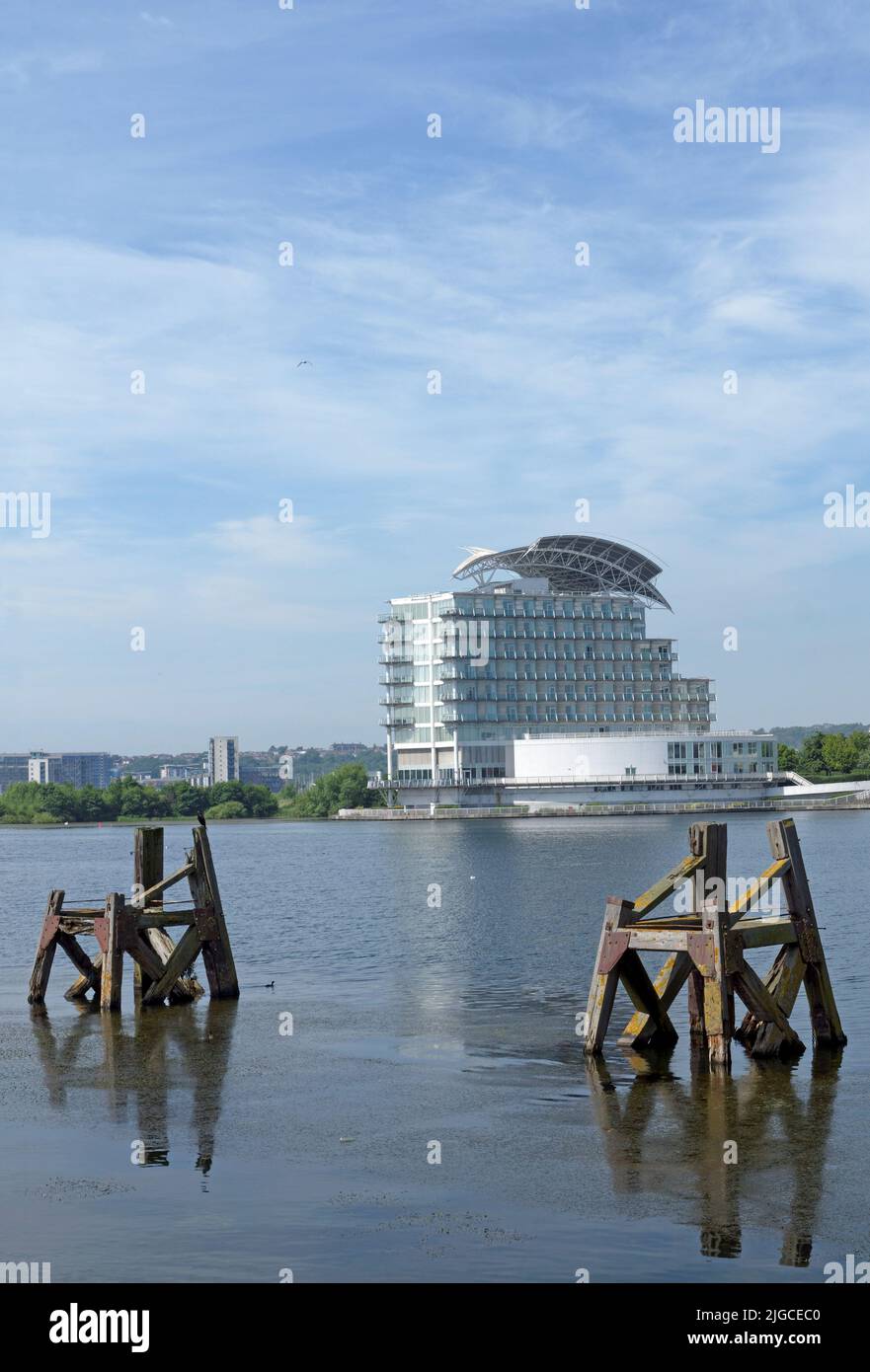 Cardiff Bay views. St David's Hotel (Voco) across Cardiff Bay with calm ...