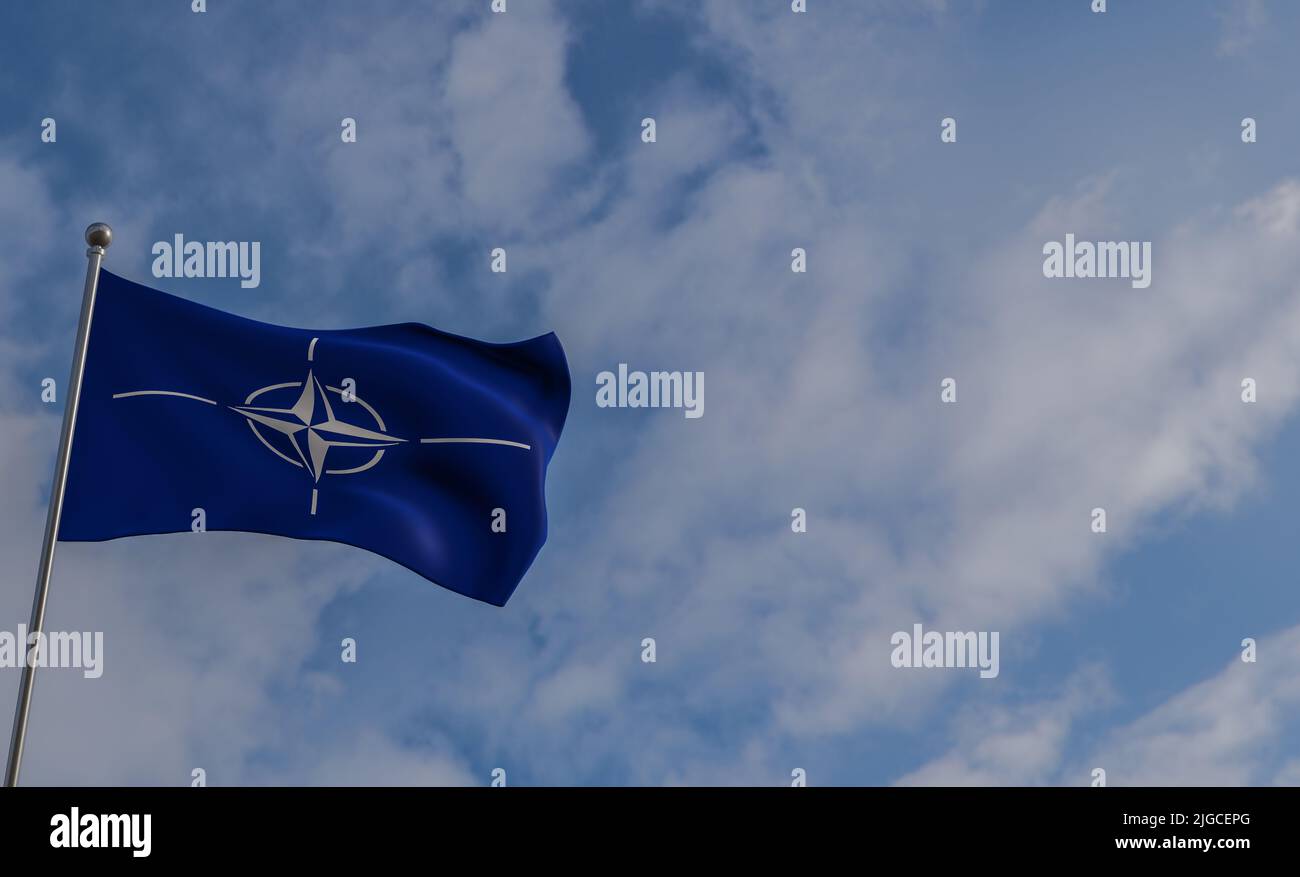 NATO flag on background Blue sky, 3D work and 3D image, Yerevan ...