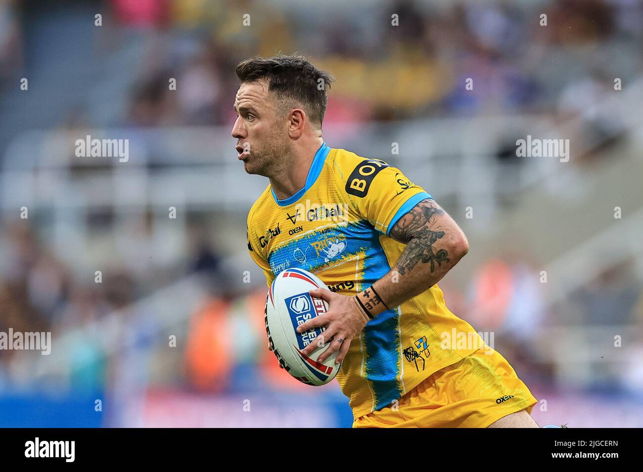 Richie Myler #16 of Leeds Rhinos in action during the game in Newcastle ...