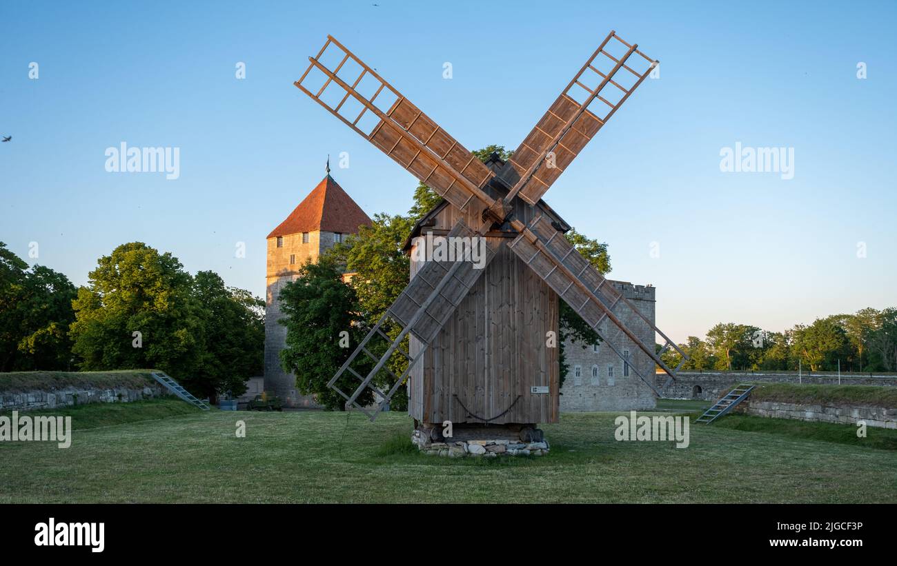 Kuressaare Castle, watchtower and wooden windmill in the middle ...