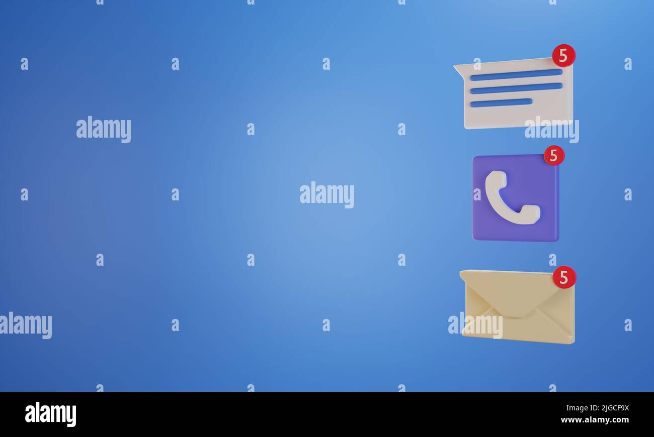 3d illustration. Email, text message and call notification on mobile ...