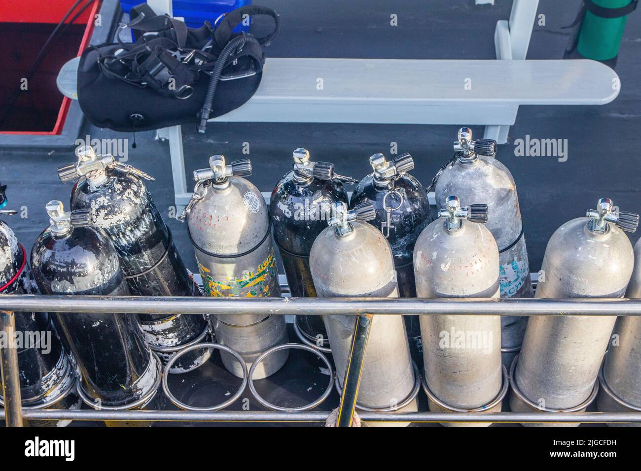 Divers oxygen tanks on a deck of an excursion ship Stock Photo - Alamy