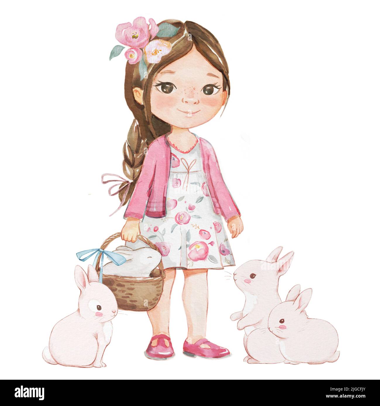 Watercolour illustration of the little brown hair girl, little white ...