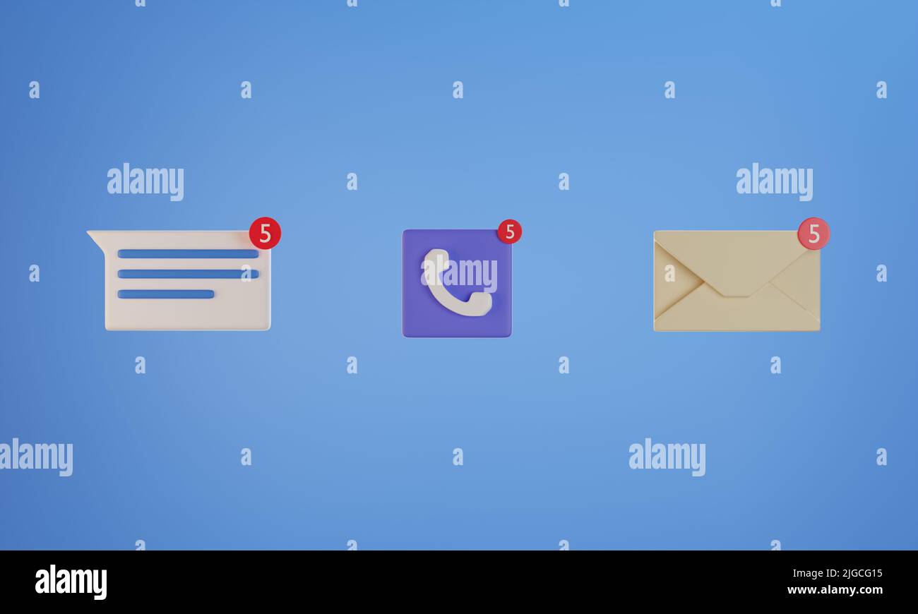 3d illustration. Email, text message and call notification on mobile ...