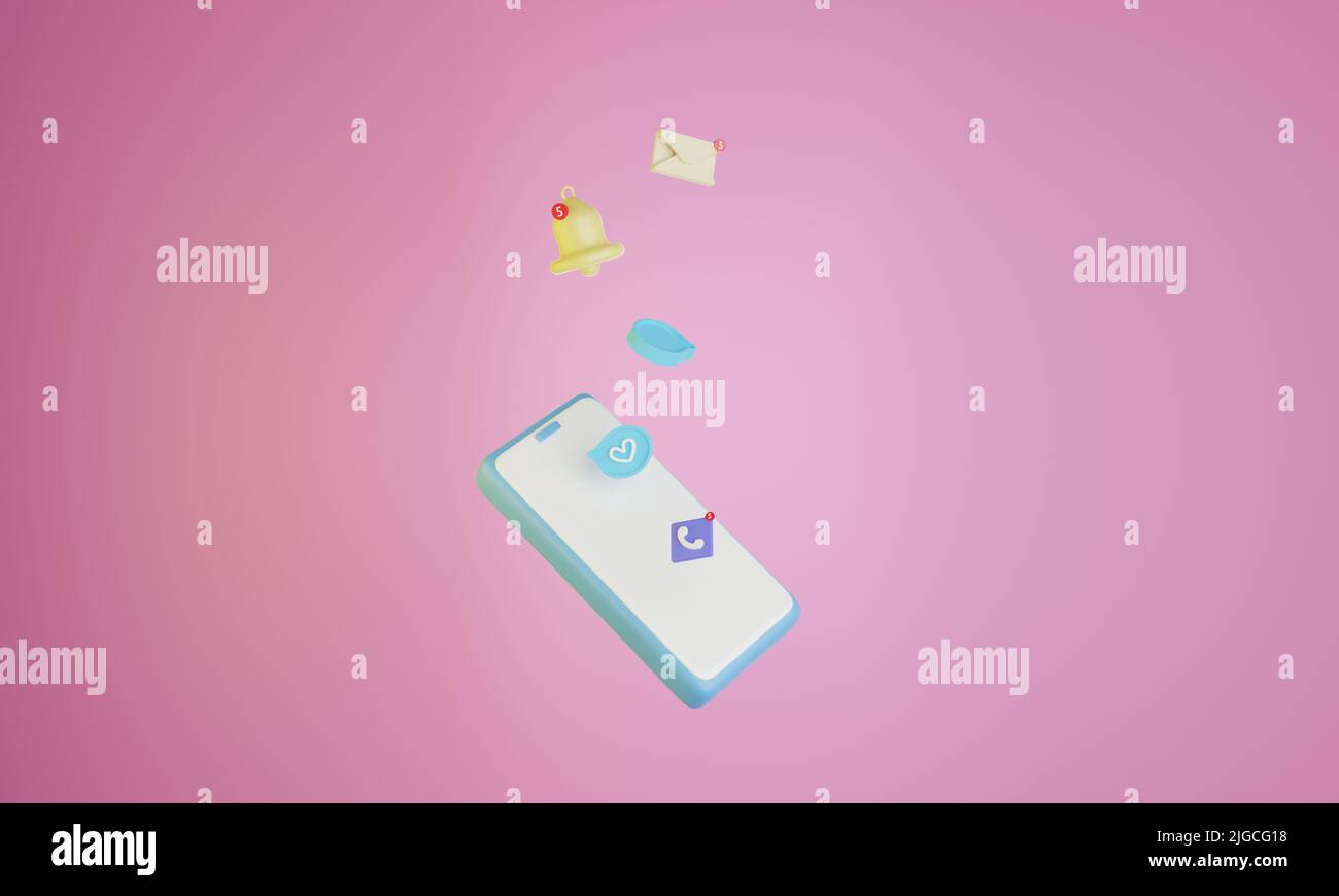 3d illustration. Email, text message and call notification on mobile ...