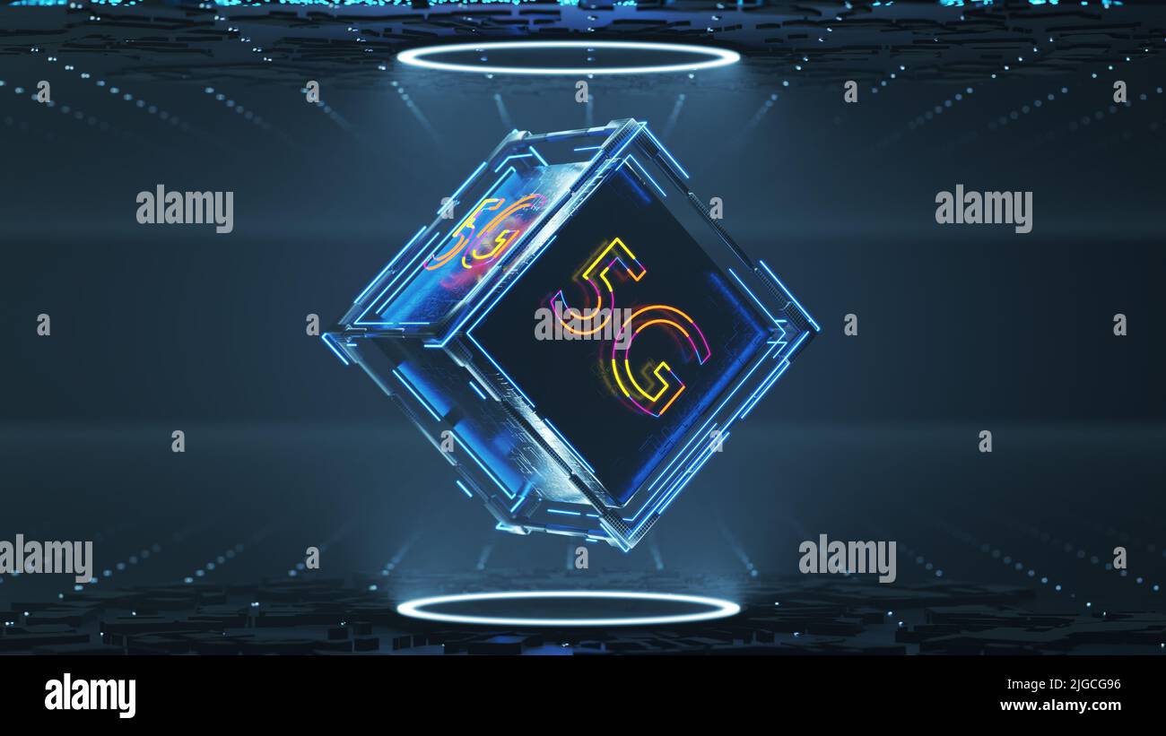 5g network concept. The inscription 5 g on an abstract cube. 3d render ...