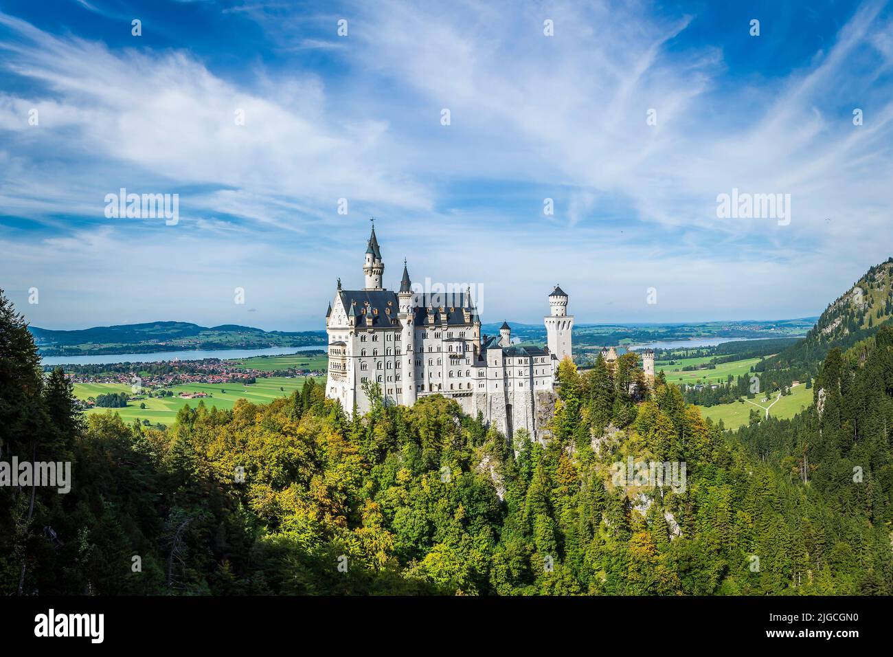 A scenic view of the Neuschwanstein Castle against a green landscape in ...