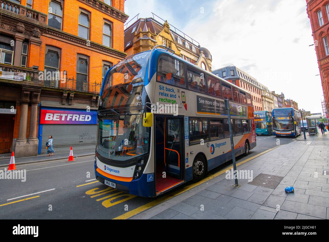 Double deck public bus in city centre of Liverpool, Merseyside, UK ...