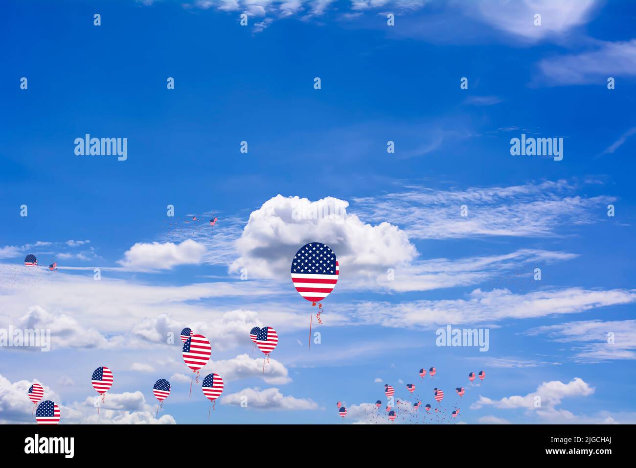 The flags of the United States of America on the balloons in the sky ...