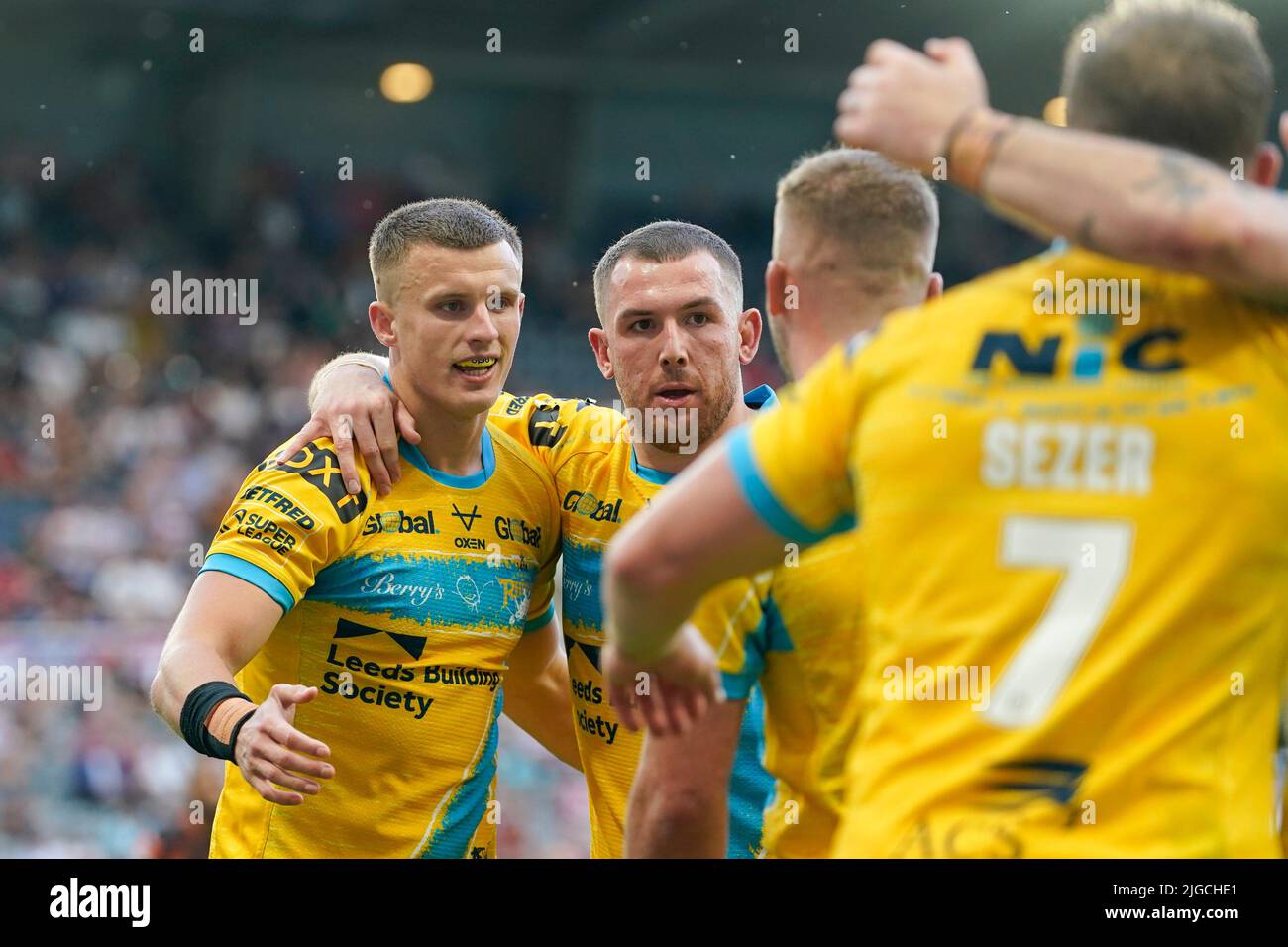Ash Handley #5 of Leeds Rhinos celebrates with team mates Stock Photo ...