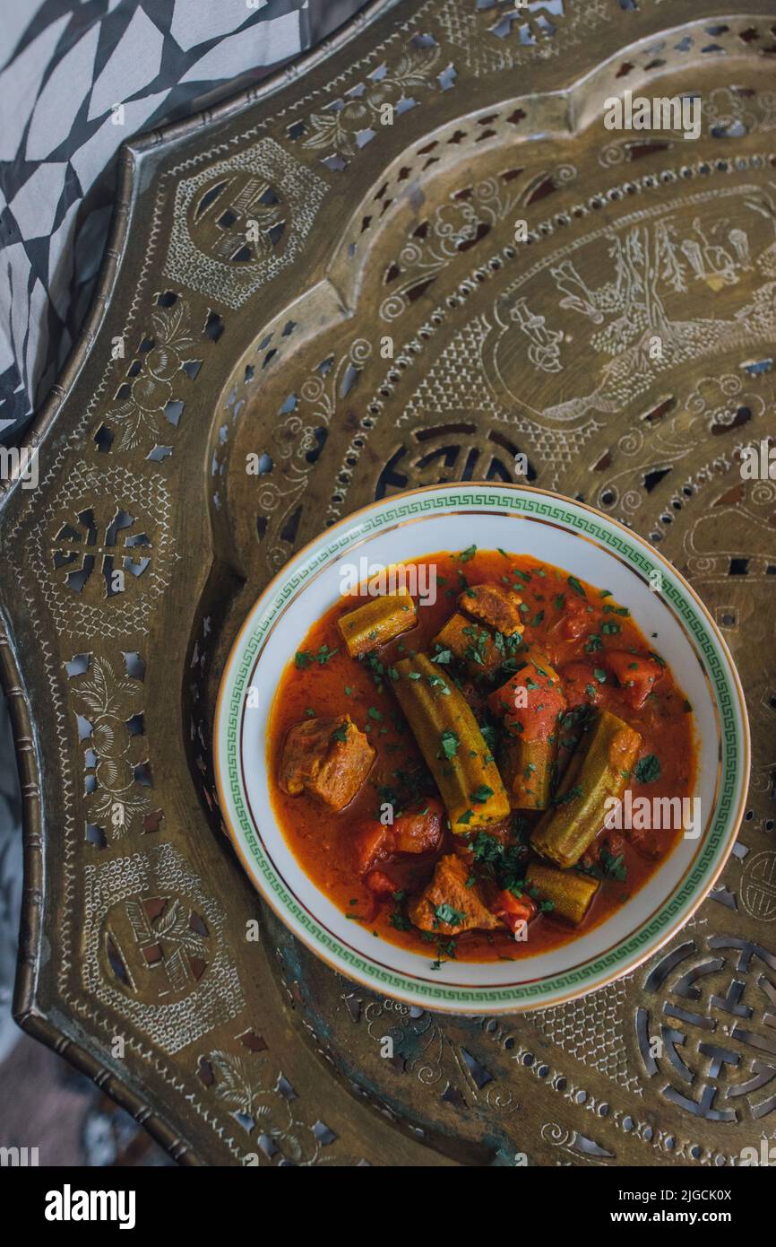 high angle view of Bamya Bamia okra beef, lamb middle eastern Persian ...