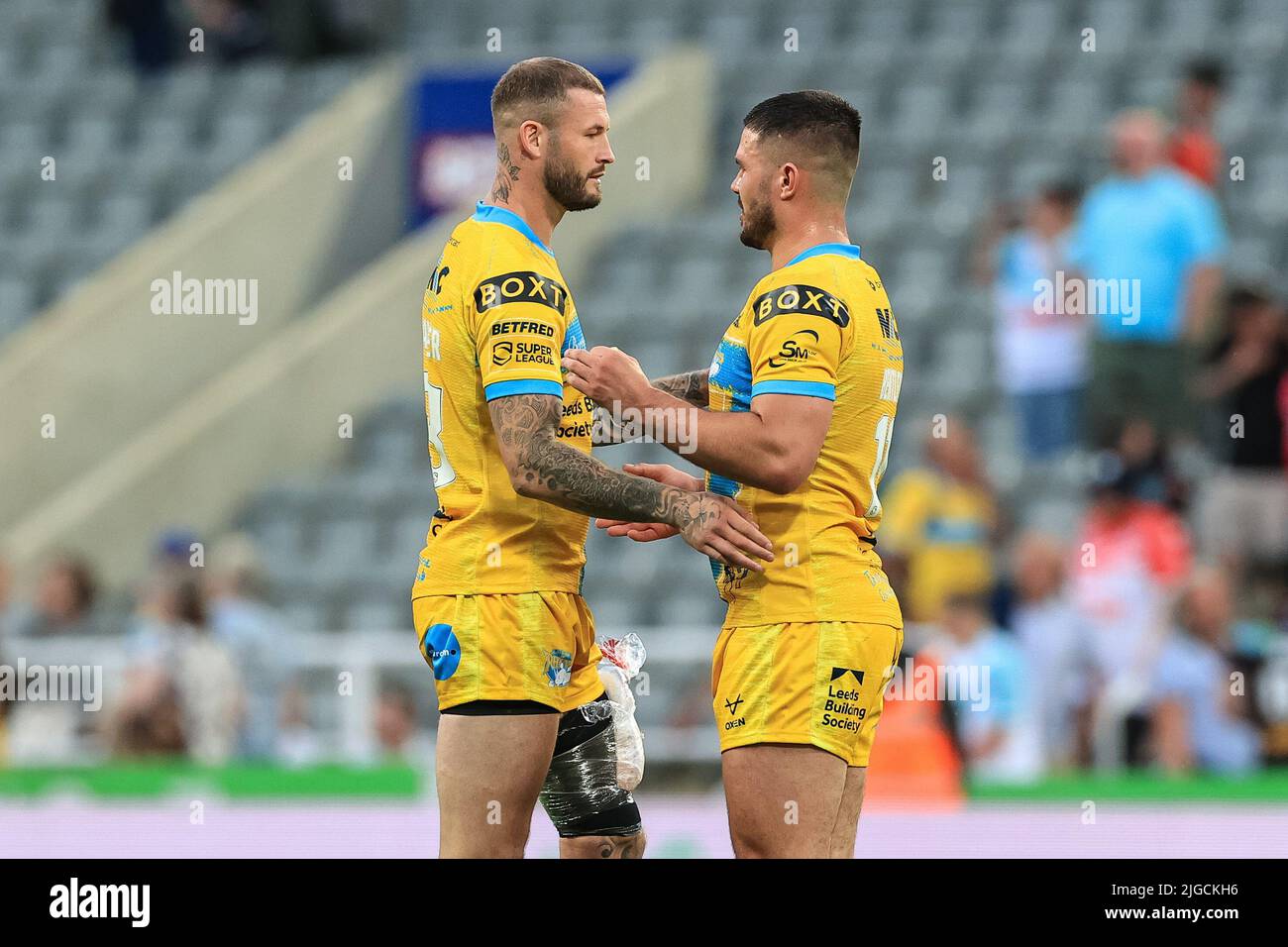 Zak Hadaker of Leeds and James Bentley #11 of Leeds Rhinos celebrate ...