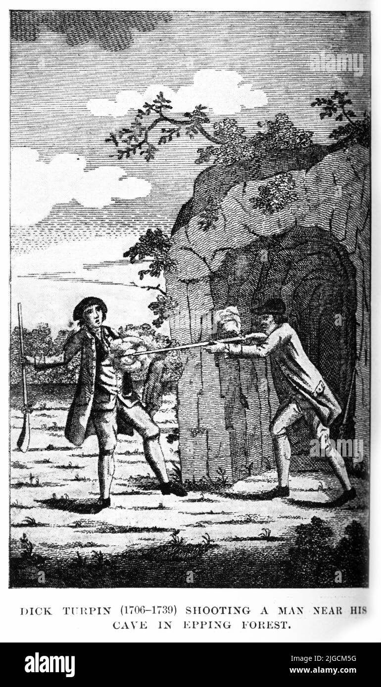 The highwayman Dick Turpin shooting a man hear his cave in Epping ...