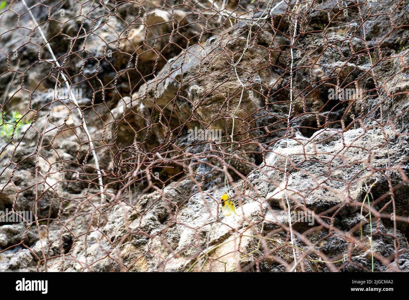 Natural rock with mesh to protect against landslides dangerously ...
