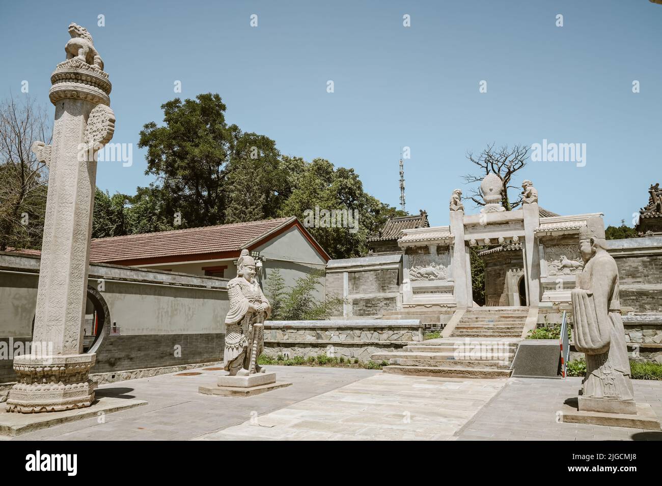 A beautiful shot of sculptures in the Tianyi tomb eunuch tomb complex in front of the entrance ...