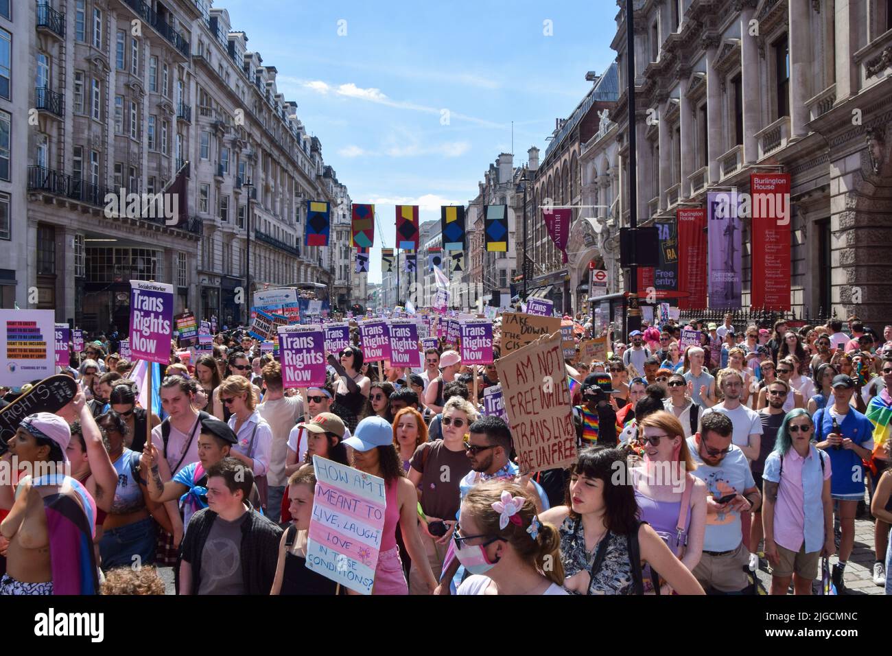 London, UK. 9th July 2022. Protesters pass through Piccadilly during ...