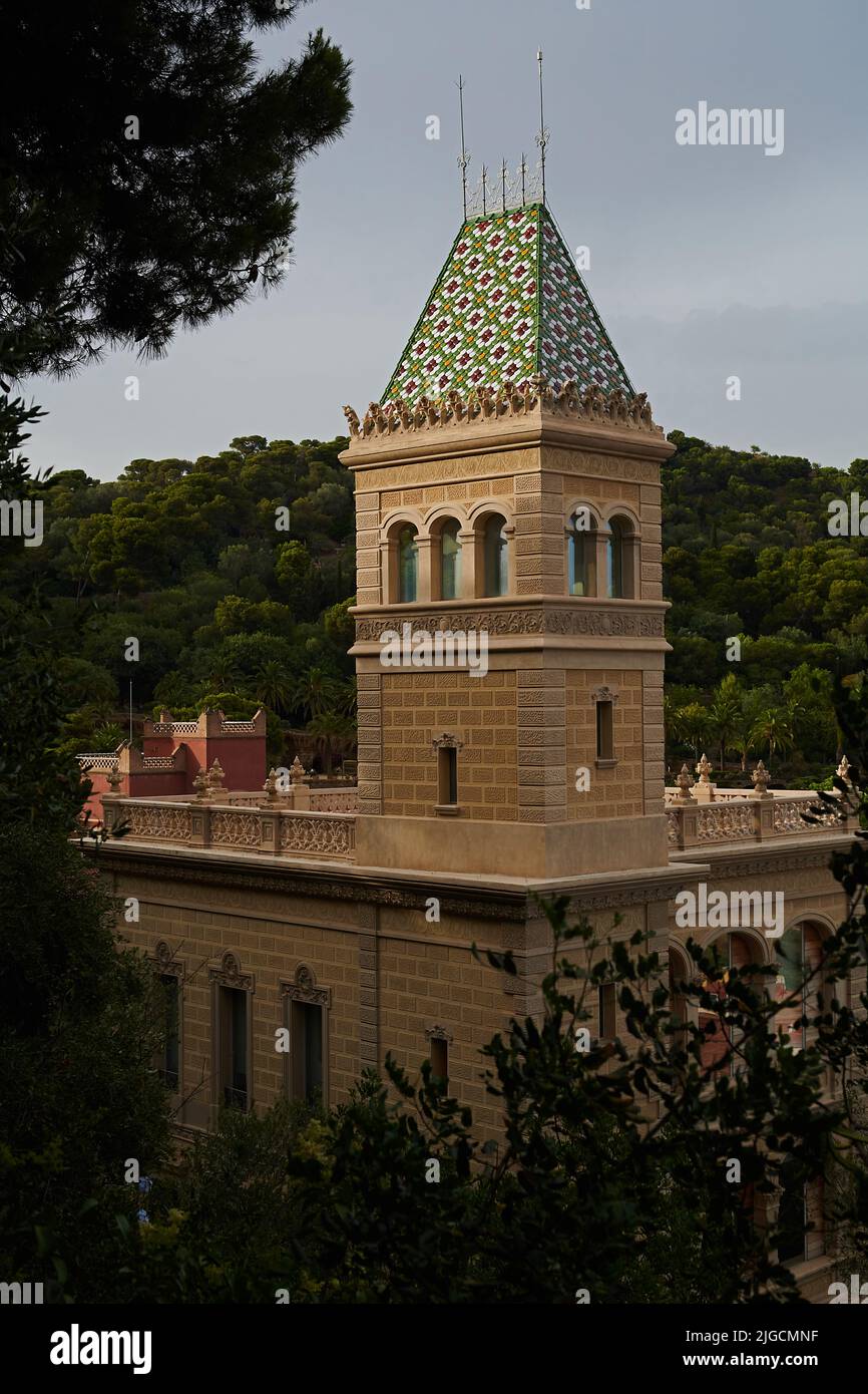 Tower at Park Guell designed by Antoni Gaudi in the city centre of ...