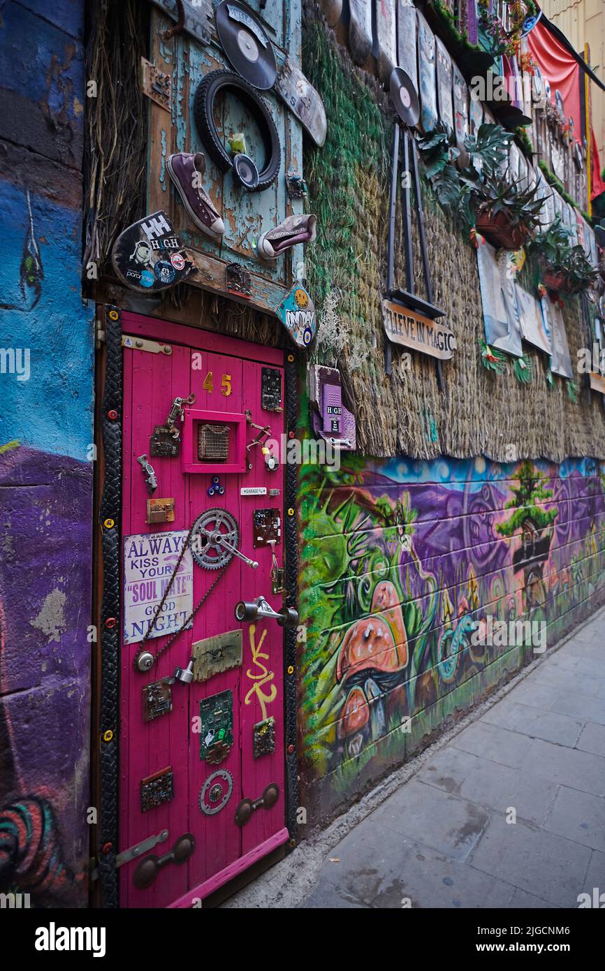 Facade of the entrance of a skating themed bar in the city centre of ...