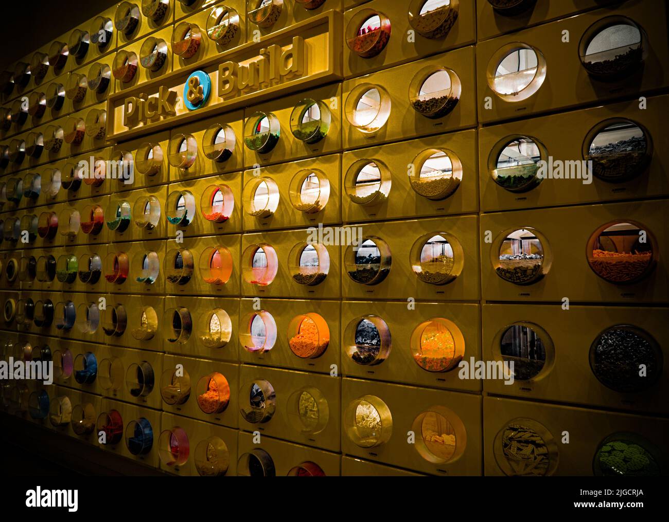 The view of the LEGO Store pick and build wall - colorful background ...