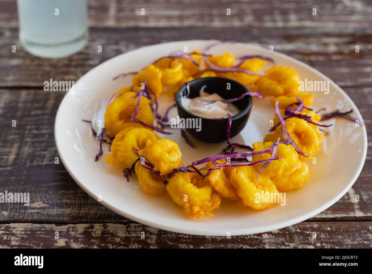 Delicious seafood meal of deep-fried golden squid rings on an platter ...