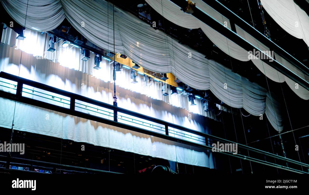 Backstage of the theater stage. Change of scenery on the stage of the ...