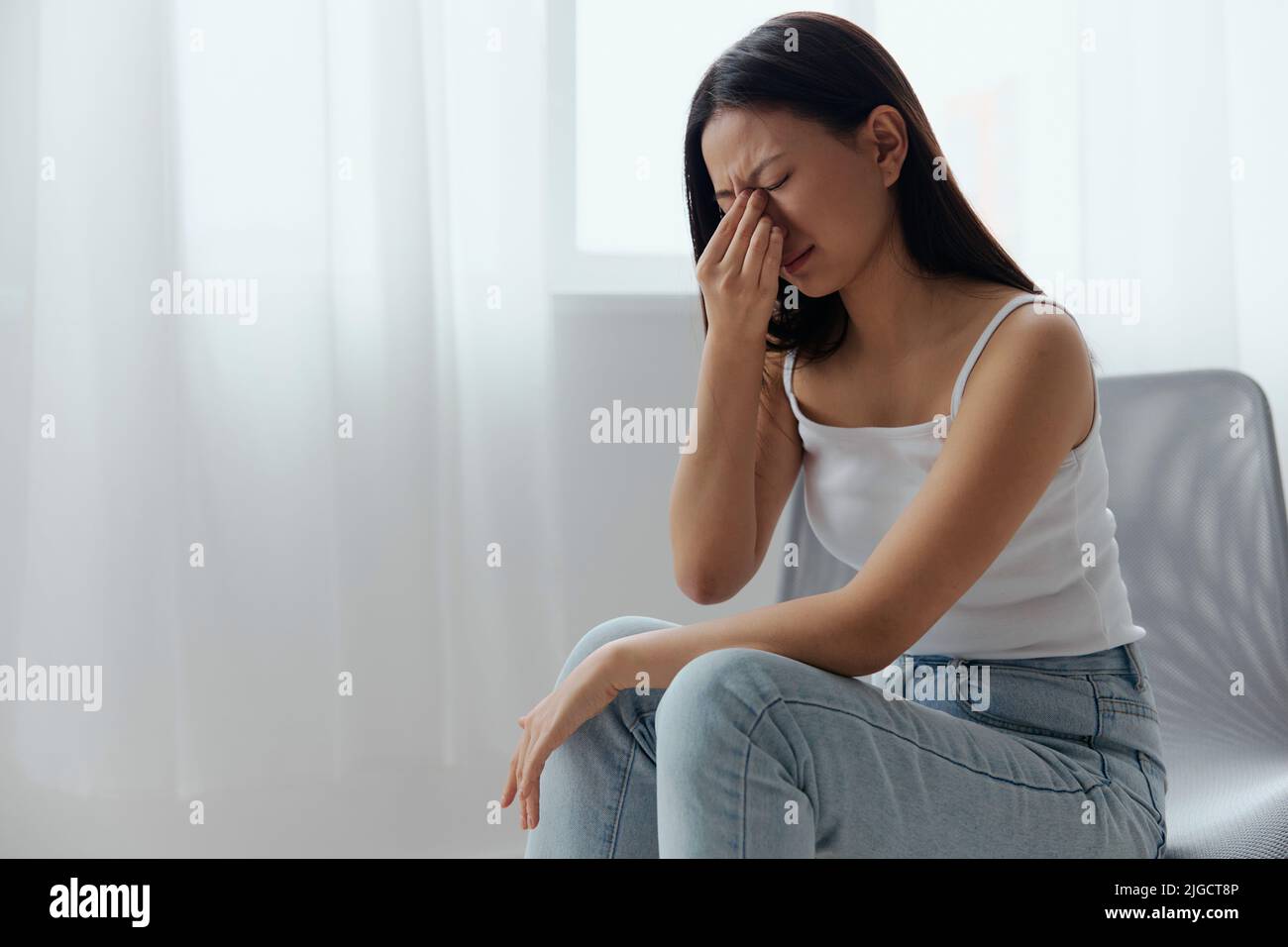 Rhinitis Sinusitis Flu. Suffering tormented tanned beautiful young ...