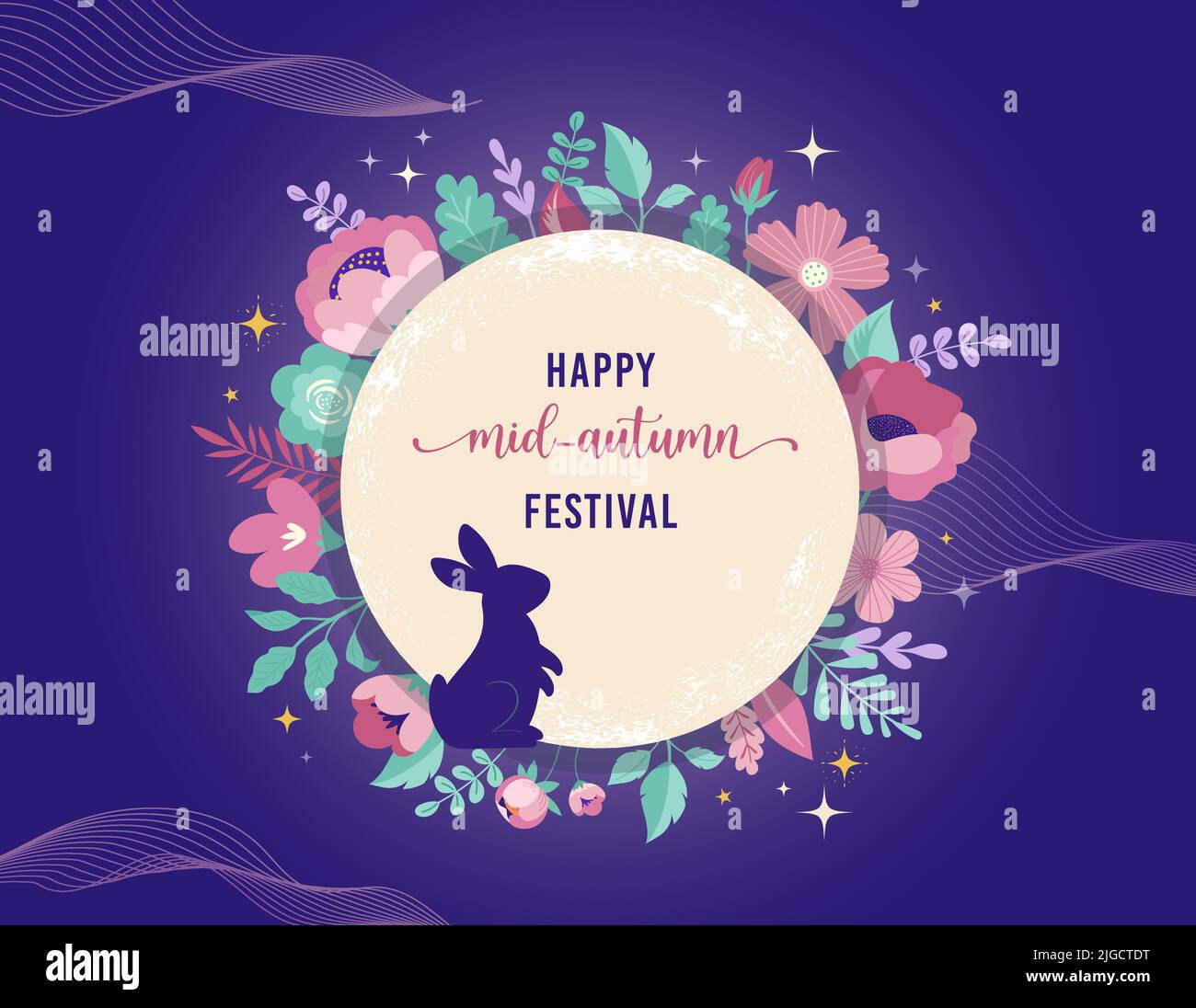 Modern style Mid-Autumn Festival. Traditional flowers, full moon and ...