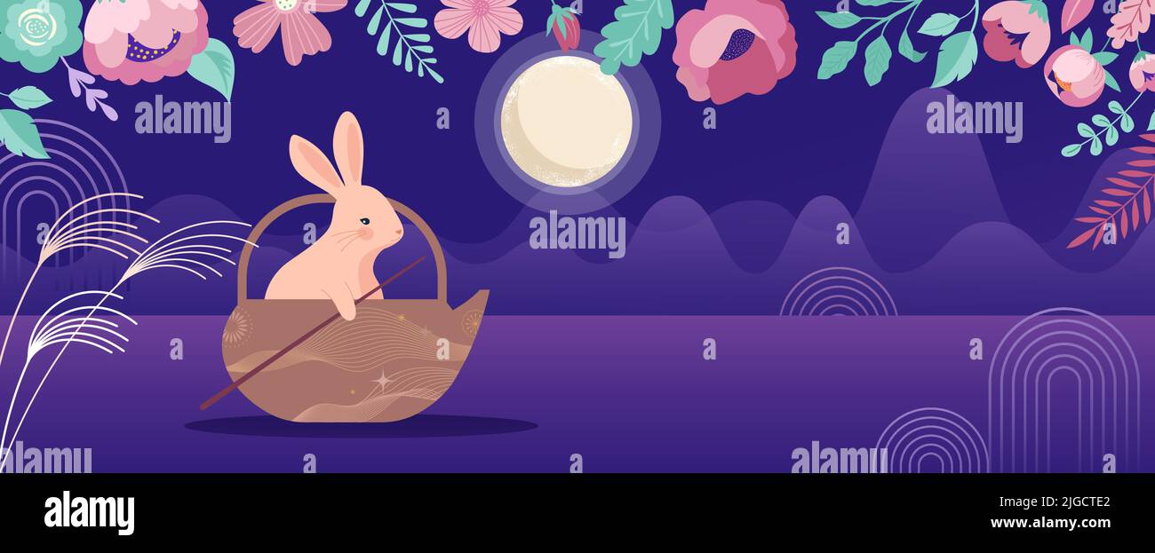 Modern style Mid-Autumn Festival. Traditional flowers, full moon and ...