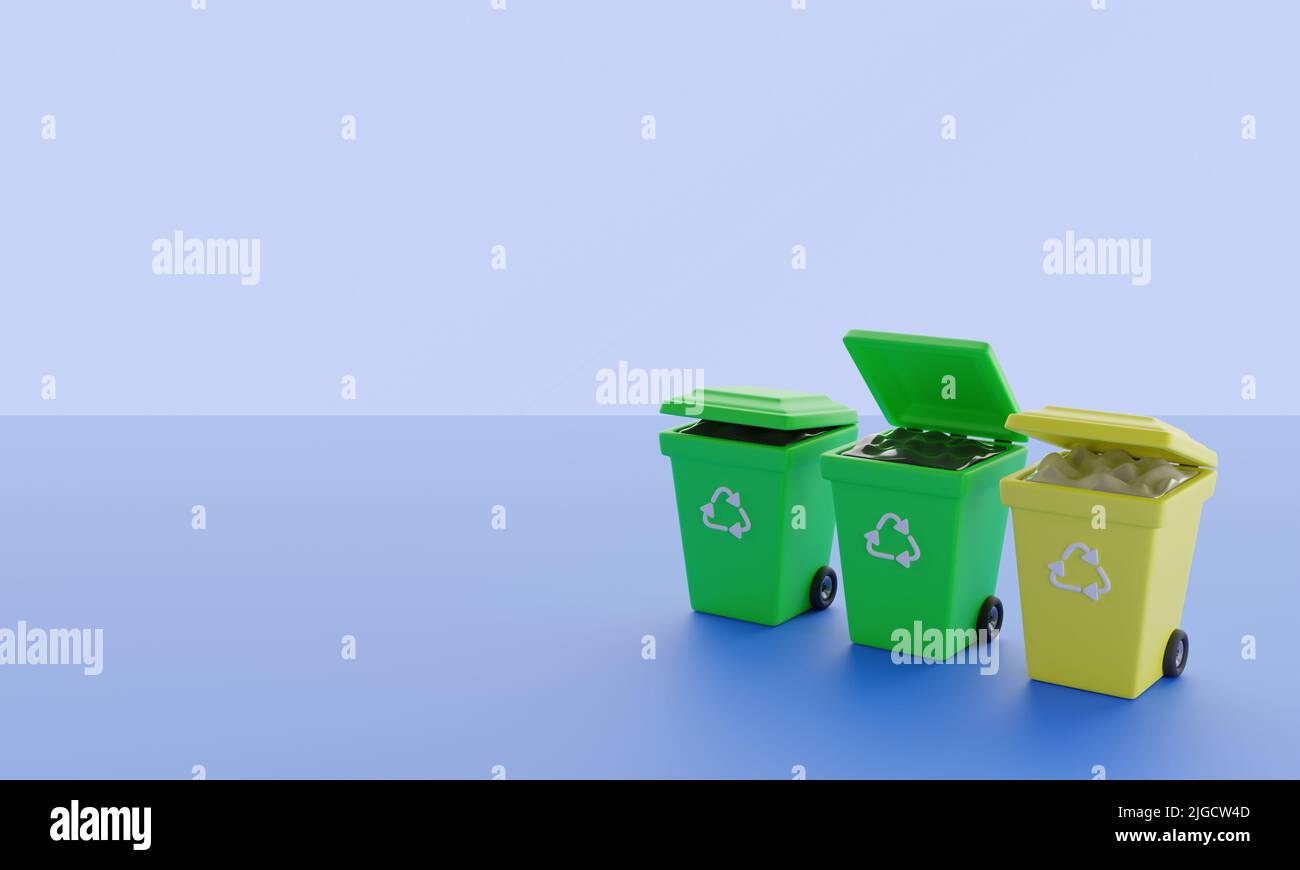 3d Illustration. Garbage cans for recycling. Environment care concept ...