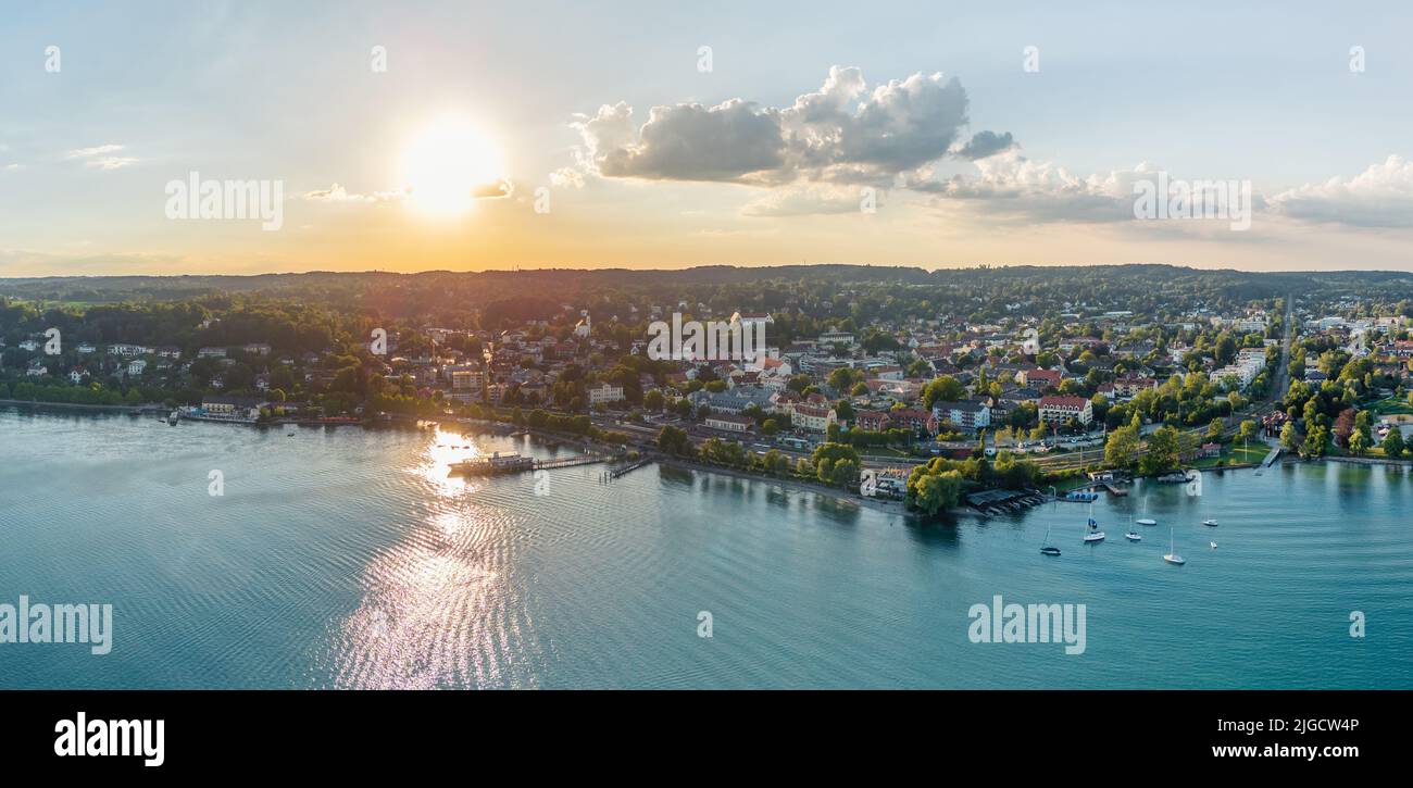 flying drone panorama of Starnberg, popular town,tourist resort and ...