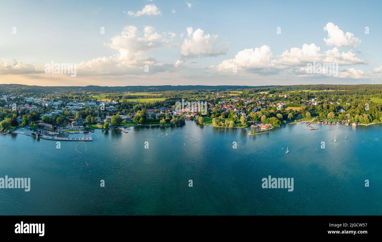flying drone panorama of Starnberg, popular town,tourist resort and ...