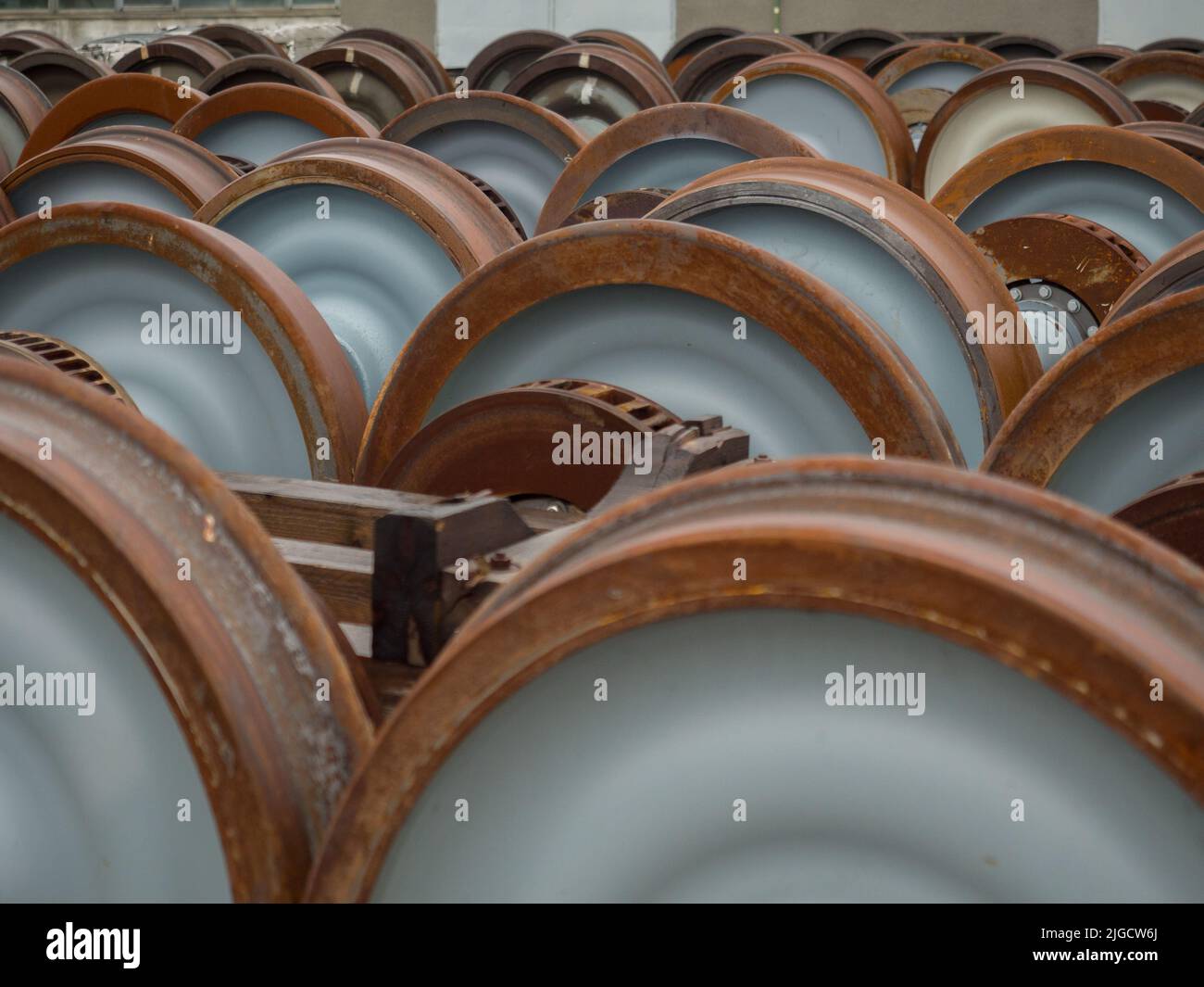 Railway, metal train wheels with rust in therepair shop, Railway depot ...