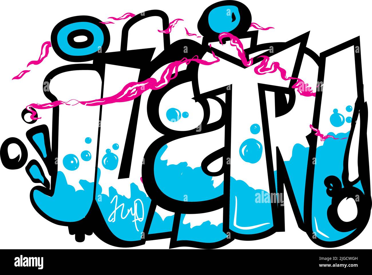 A blue and white designed graffiti style text with a pink smoke against ...