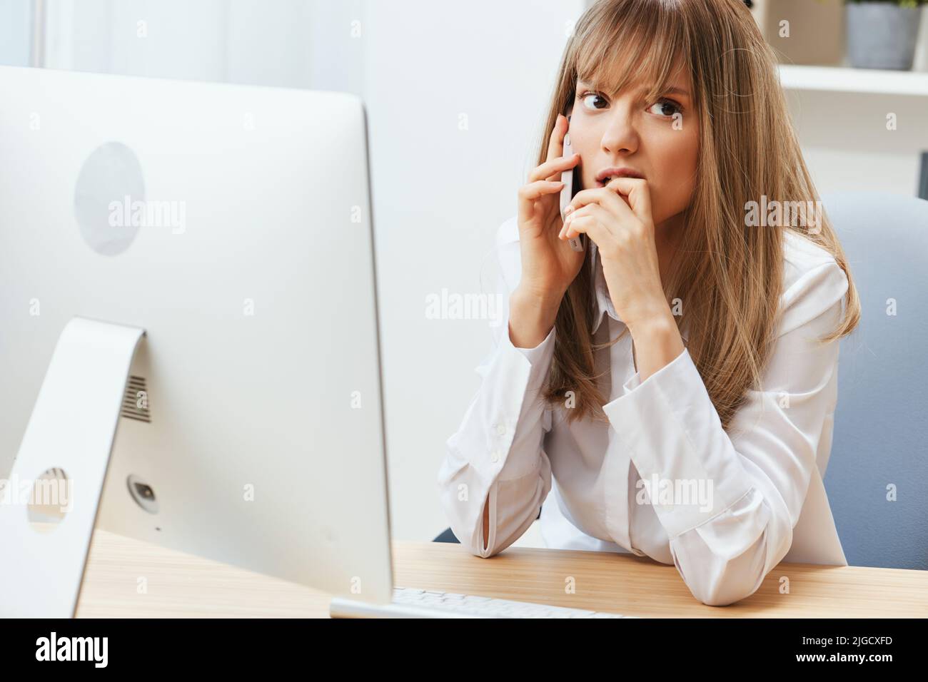 Nervous adorable blonde businesswoman worker freelancer made big ...