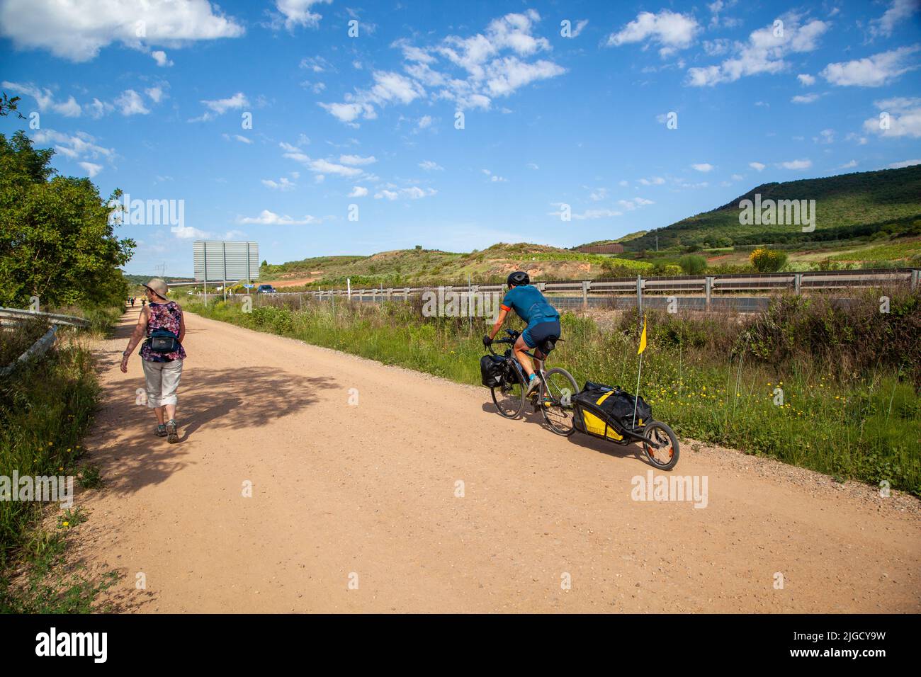 Pilgrims hiking through La Rioja while walking the Camino de Santiago ...