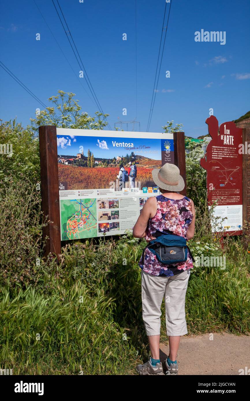 Pilgrims hiking through La Rioja near Ventosa while walking the Camino ...