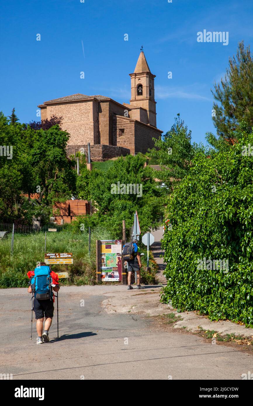 Pilgrims hiking through La Rioja near Ventosa while walking the Camino ...