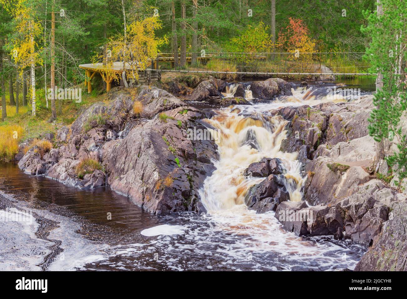 Waterfall in the canyon. Ruskeala Mountain Park. Republic of Karelia ...