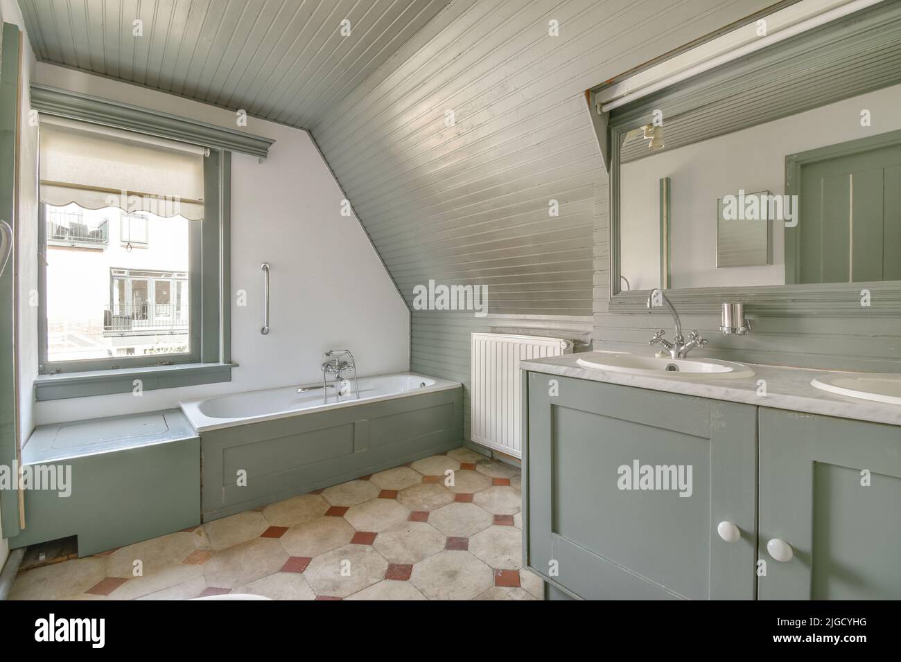 Modern home interior design of white bathroom with open bathtub and ...