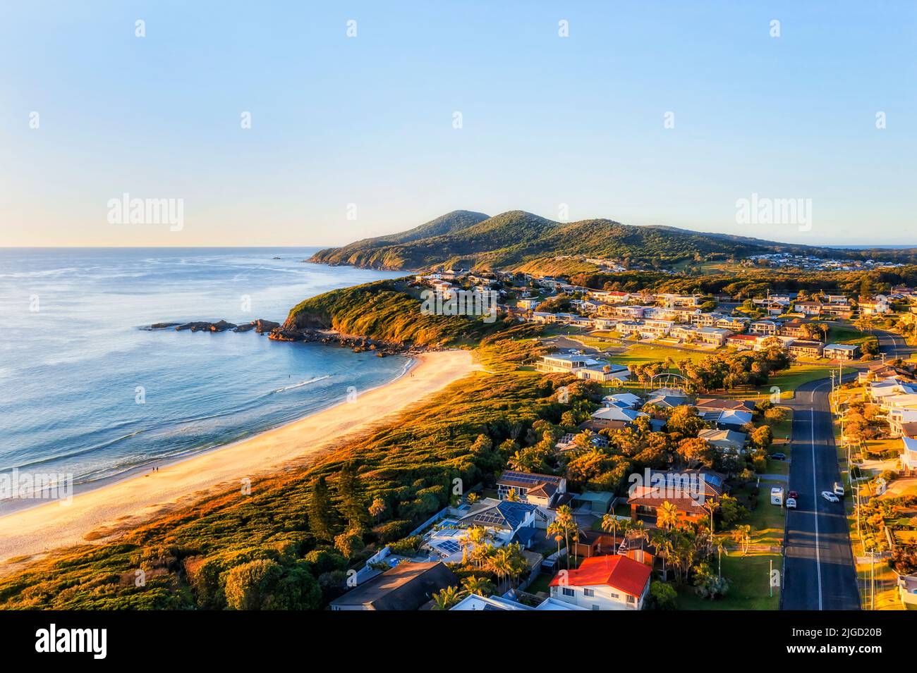 Scenic walk on One Mile beach of Forster town waterfront, PAcific coast ...