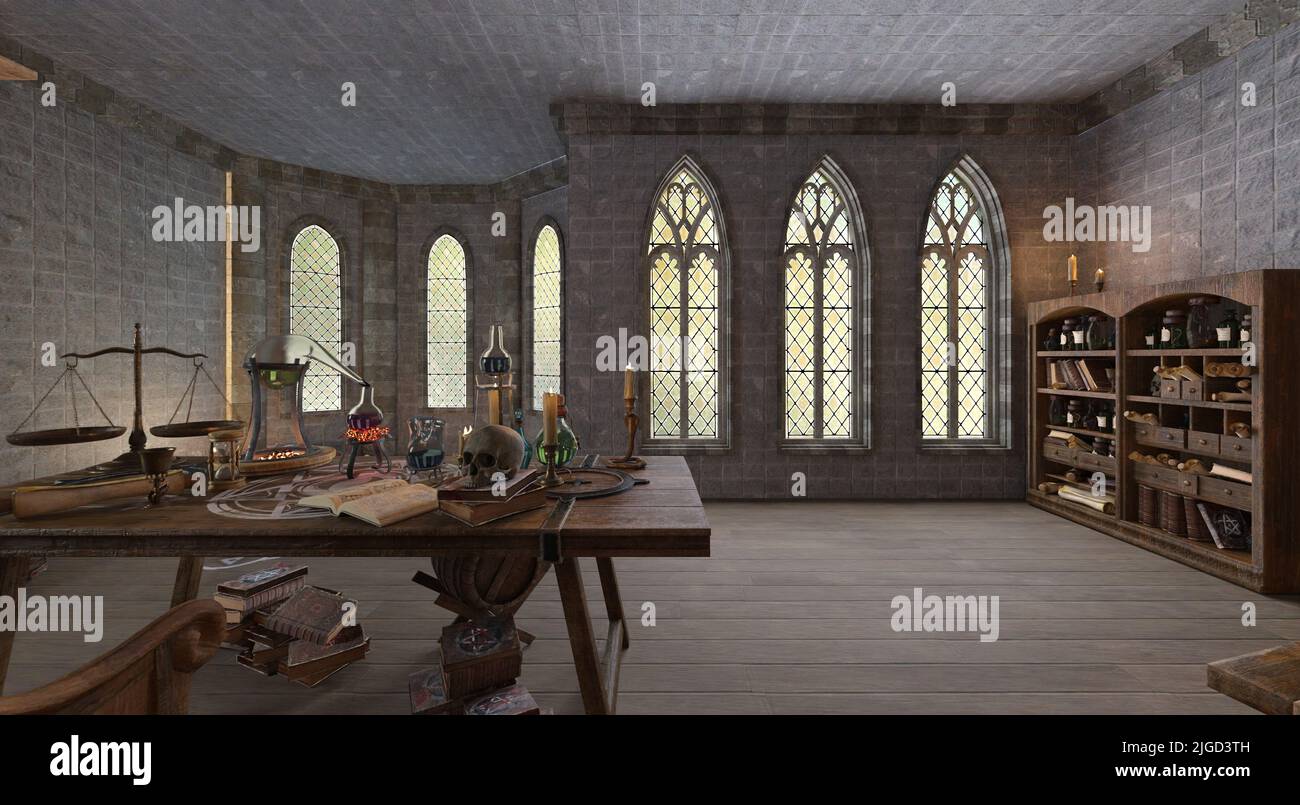 Fantasy alchemist's laboratory 3d illustration Stock Photo - Alamy