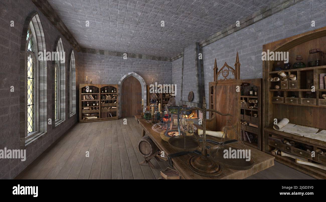 Fantasy alchemist's laboratory 3d illustration Stock Photo - Alamy