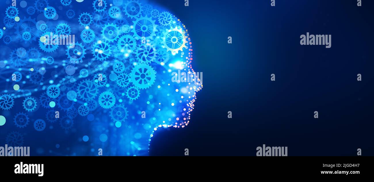 Human head with a luminous cog wheel. Creative brain gear, idea ...