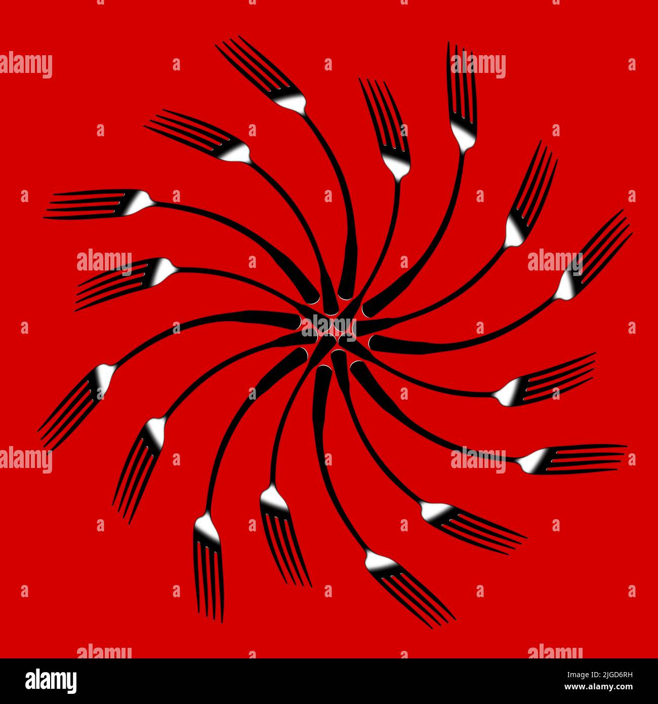 A design of many forks on a red background Stock Photo - Alamy