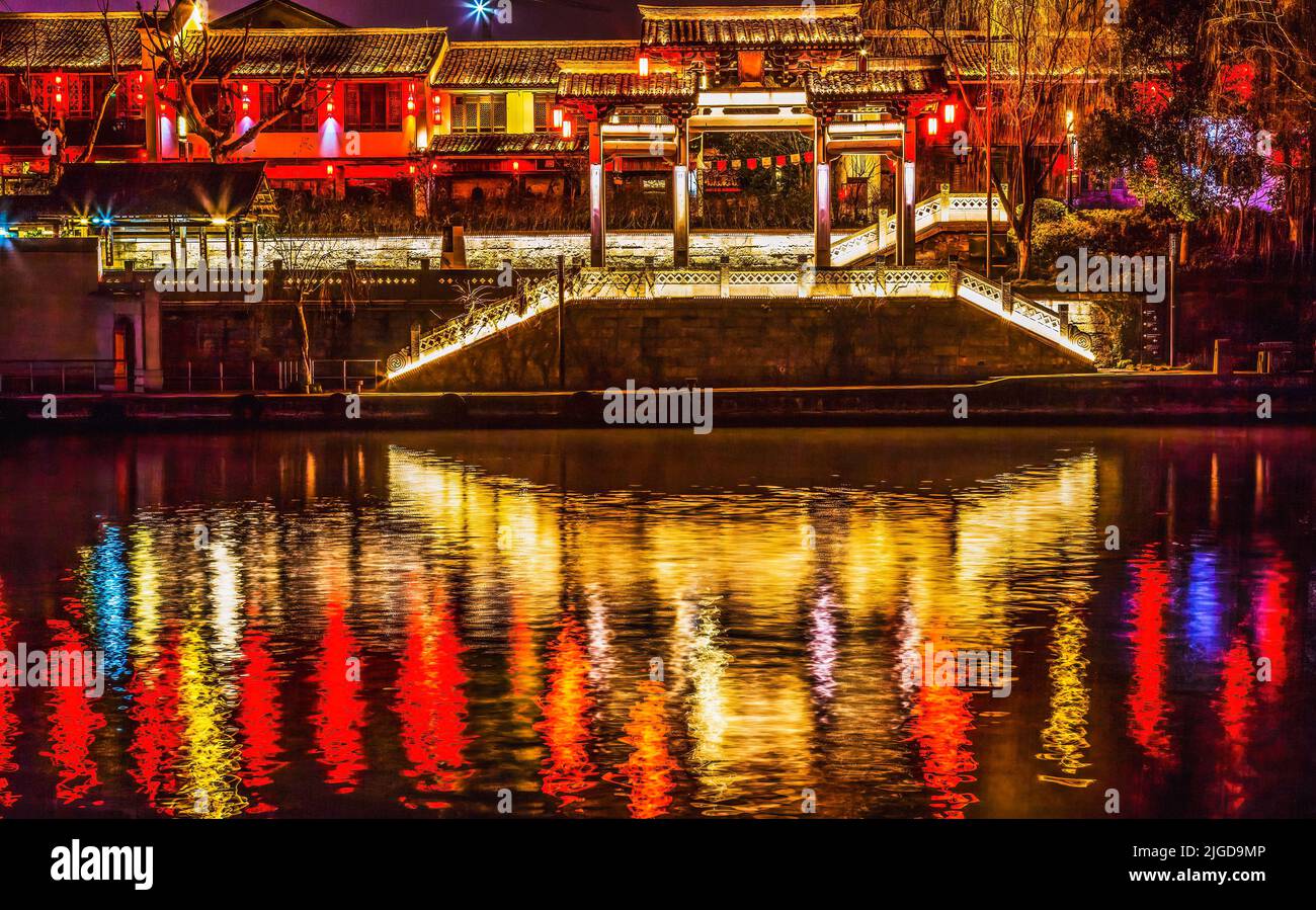 Illuminated Chinese Gate Grand Canal Buildings Night Lights Reflection ...