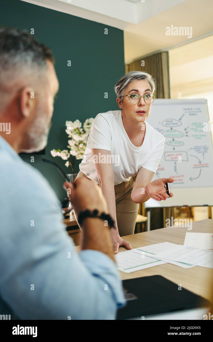 Mature business professional leading a discussion with her team in a ...