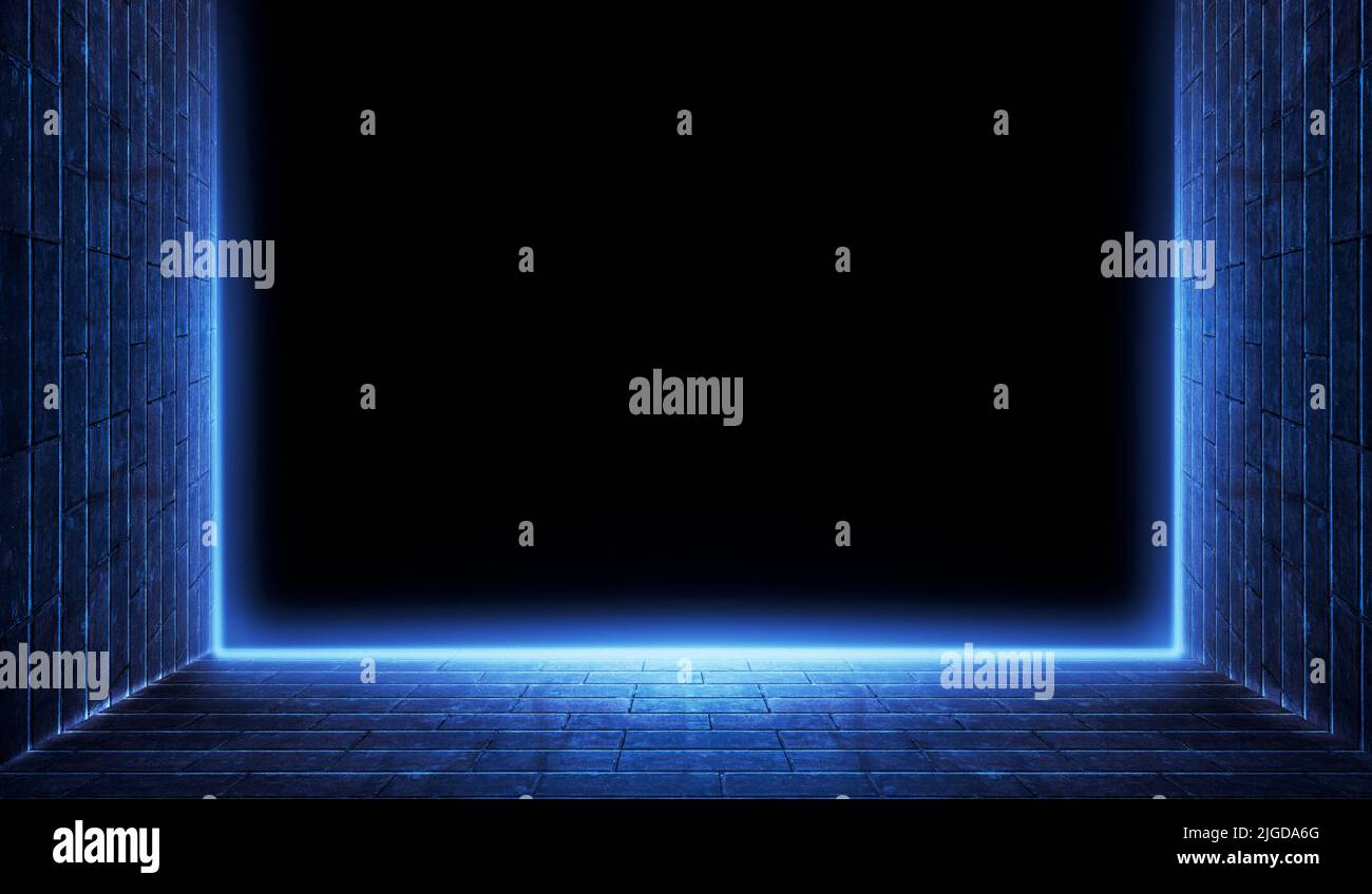 3D rendering blue empty space framed wall neon lights black background ...
